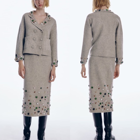 Zara | Jackets & Coats | Zara 2 Piece Set Beaded Knit Blazer And Skirt W Jewels | Poshmark